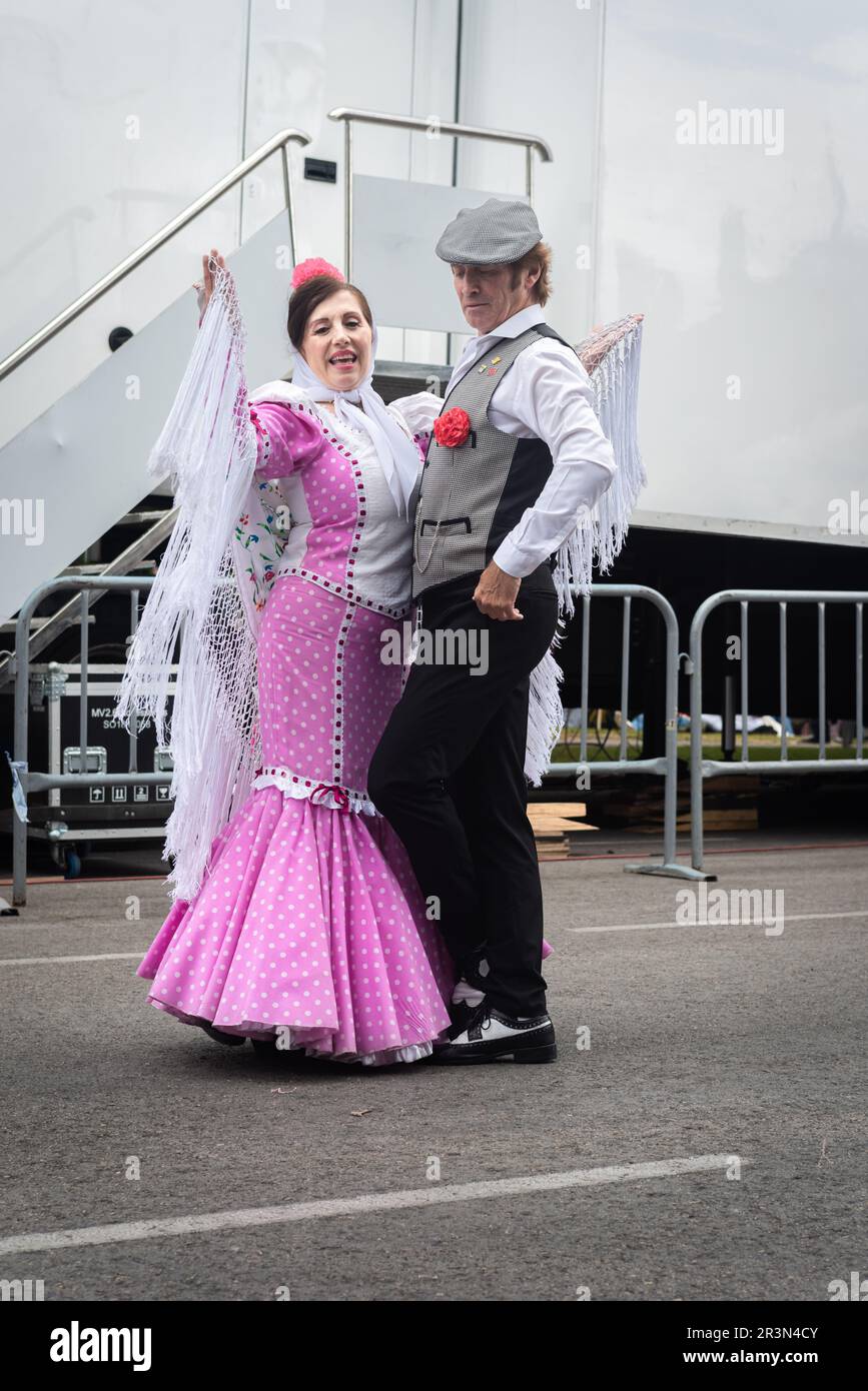 Madrid, Spain; May 14, 2023: Adult couple dancing chotis and pasodobles ...
