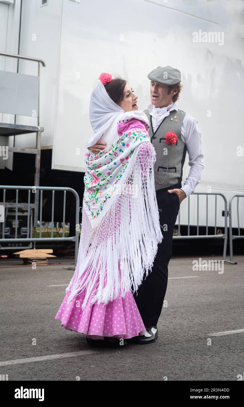 Madrid, Spain; May 14, 2023: Adult couple dancing chotis and pasodobles ...