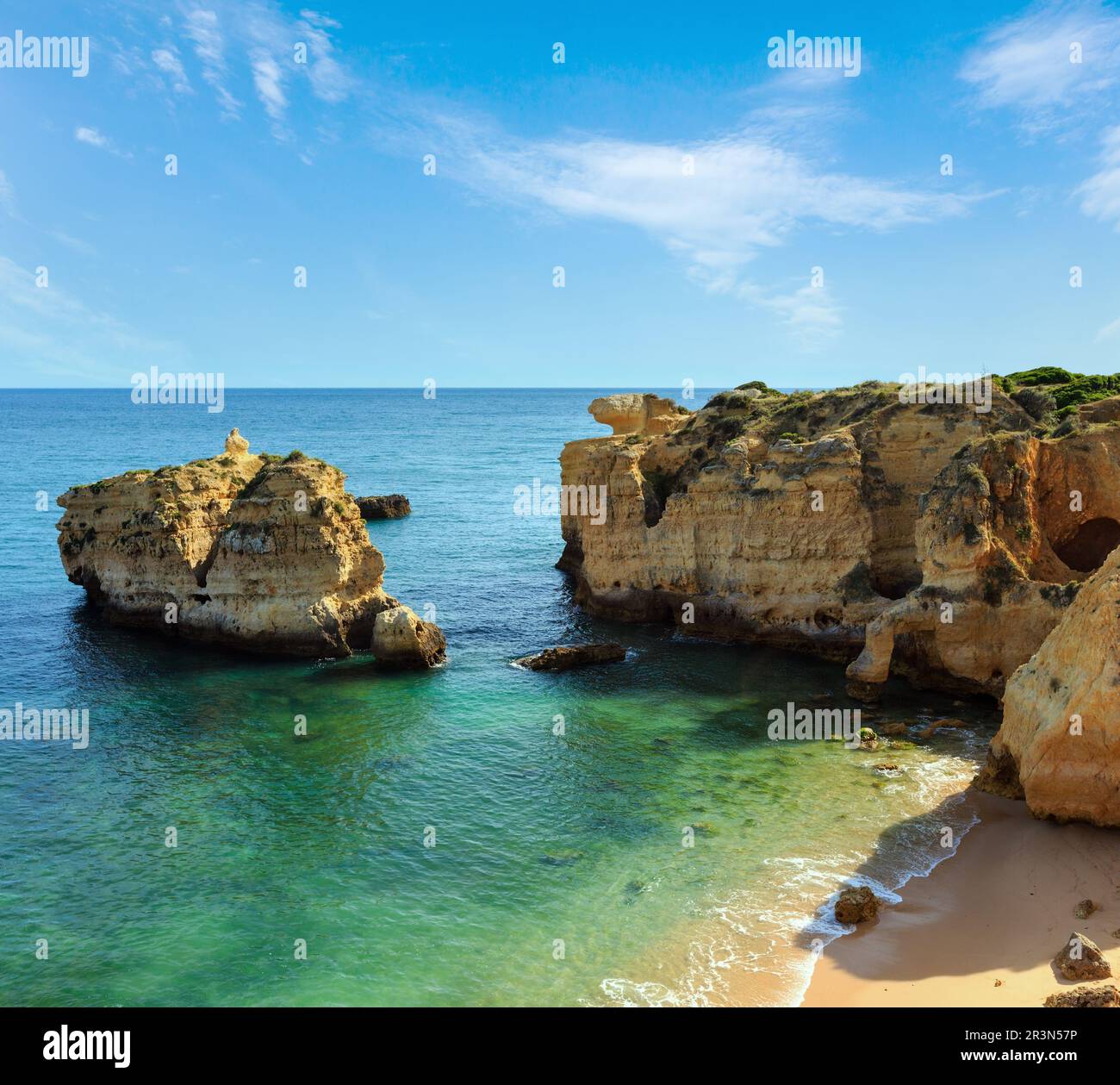 Summer evening Atlantic rocky coast view and sandy beach Praia de San ...