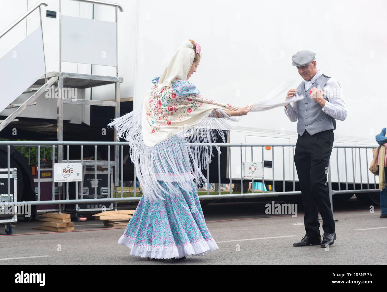 Madrid, Spain; May 14, 2023: Adult couple dancing chotis and pasodobles ...