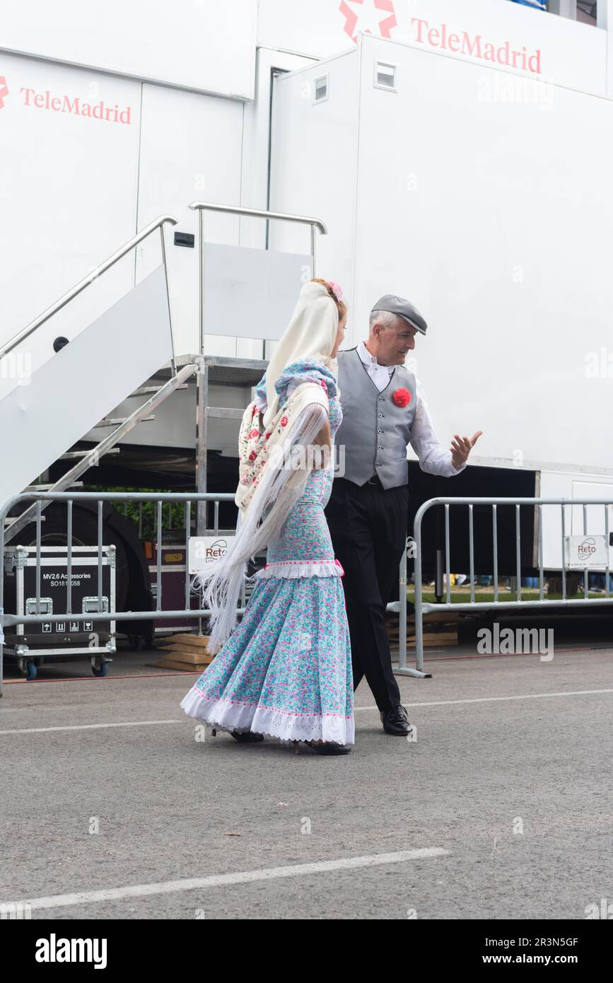 Madrid, Spain; May 14, 2023: Adult couple dancing chotis and pasodobles ...
