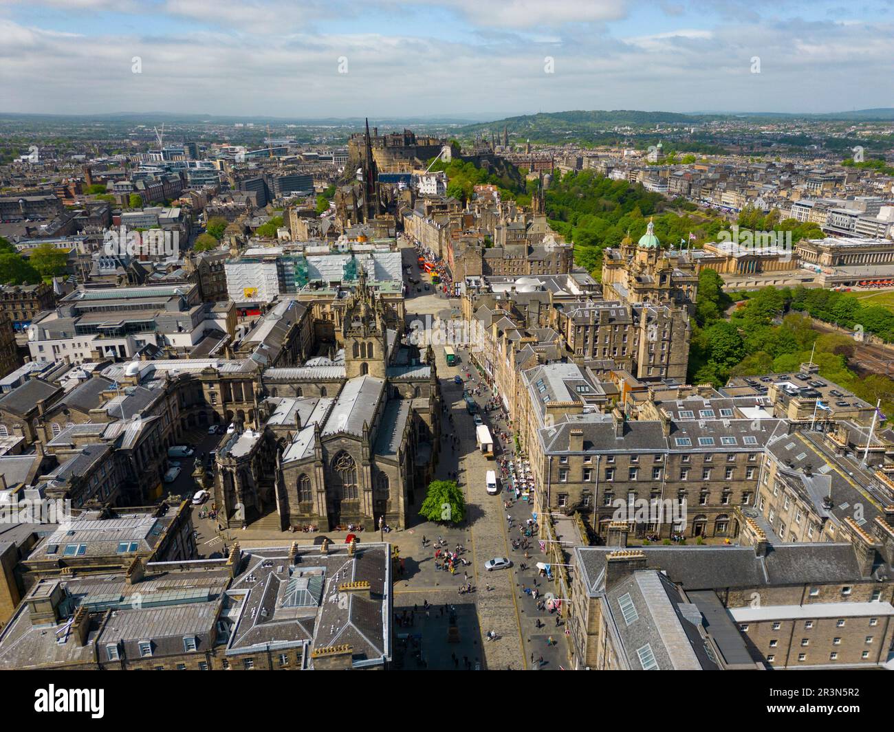 Aerial view from drone of the Royal Mile in historic Old Town in ...