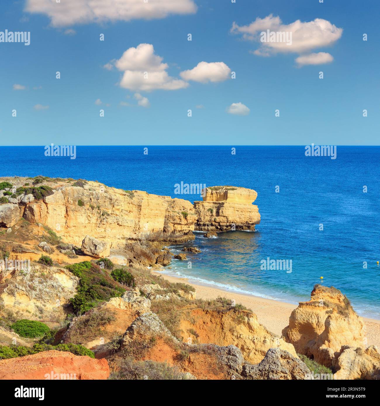 Summer evening Atlantic rocky coast view and sandy beach Praia de Sao ...