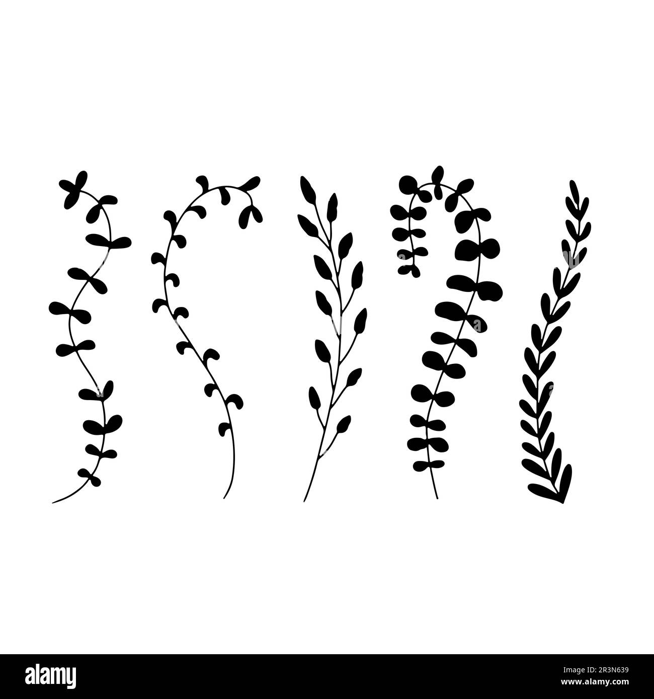 Hand drawn wild flowers silhouettes illustrations set isolated on white ...