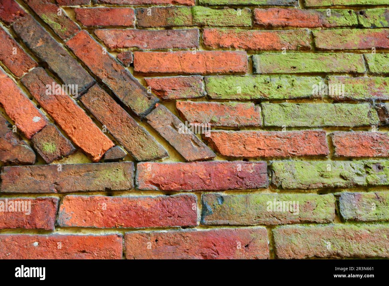 An old brick wall partly with moss and algae overgrown. Meant as ...