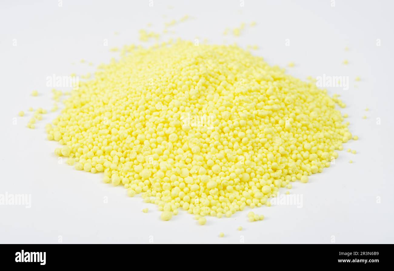 Granulated Sulfur or sulphur on white background Stock Photo - Alamy