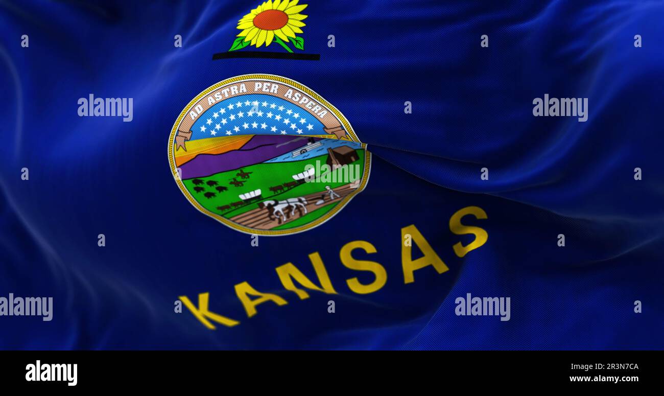 Close-up view of Kansas state flag waving in the wind Stock Photo - Alamy