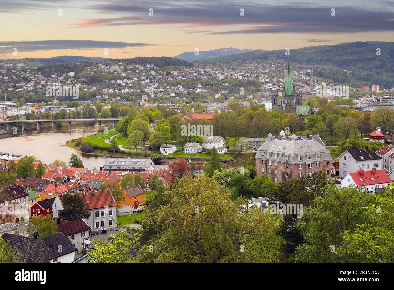 Spring in Trondheim, aerial view of the historical downtown during ...