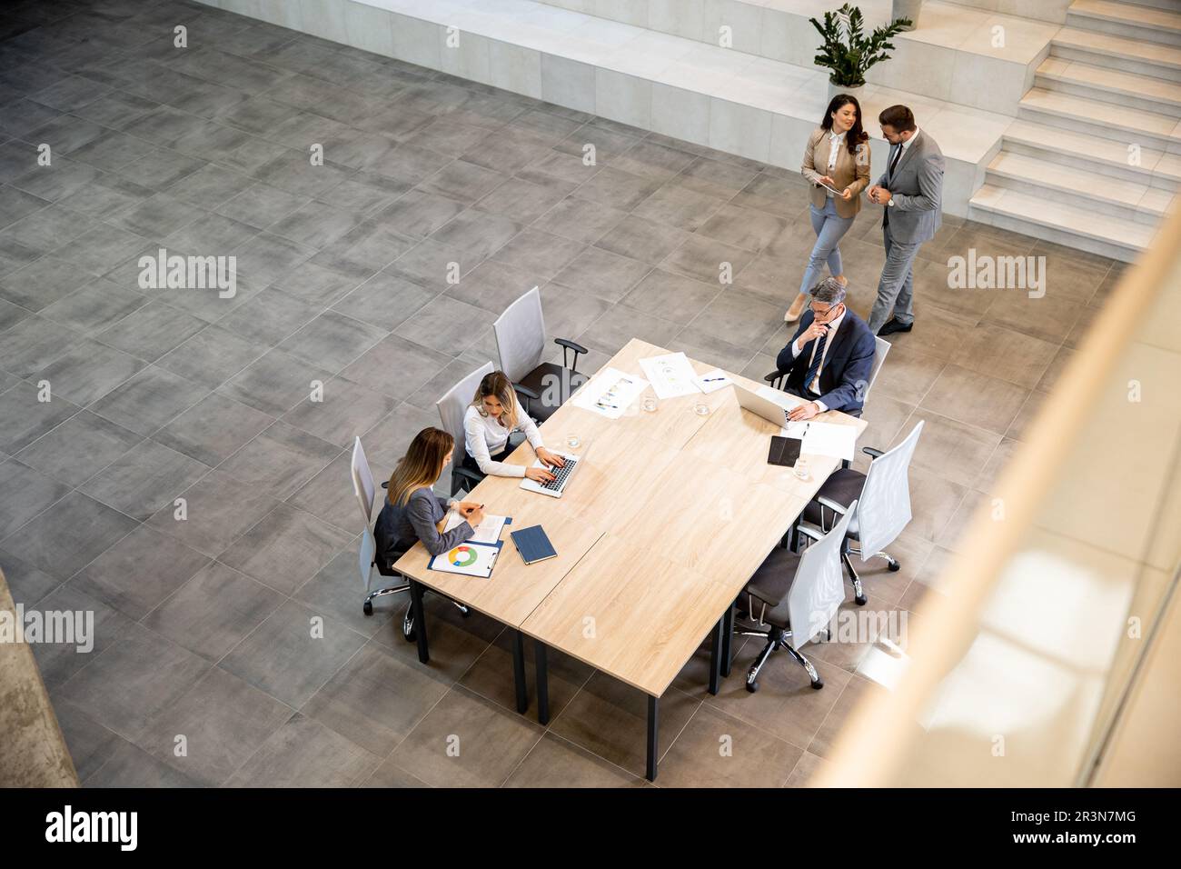Aerial view at young startup team working in the modern office Stock ...