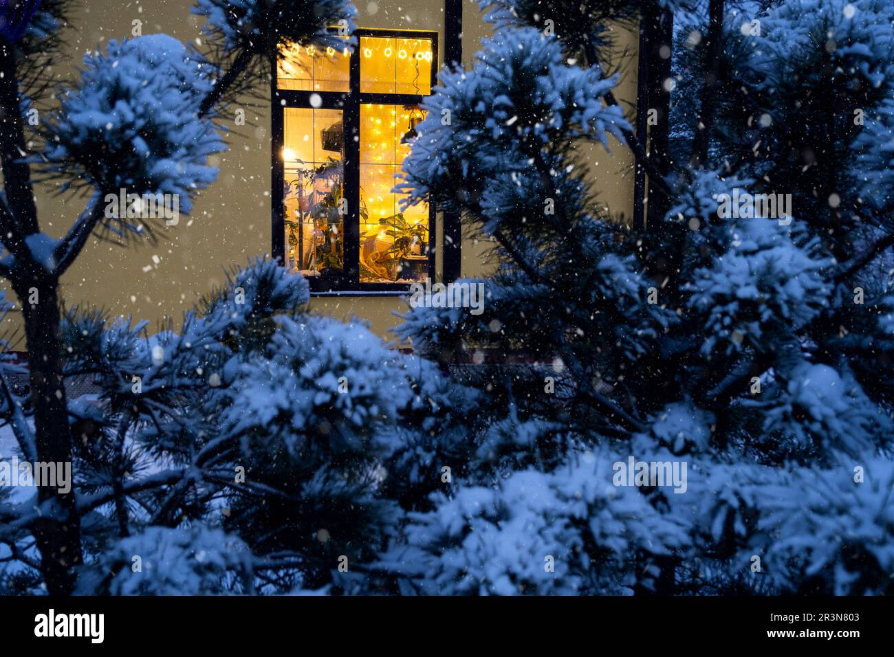 Cozy festive window of the house outside with the warm light of fairy ...