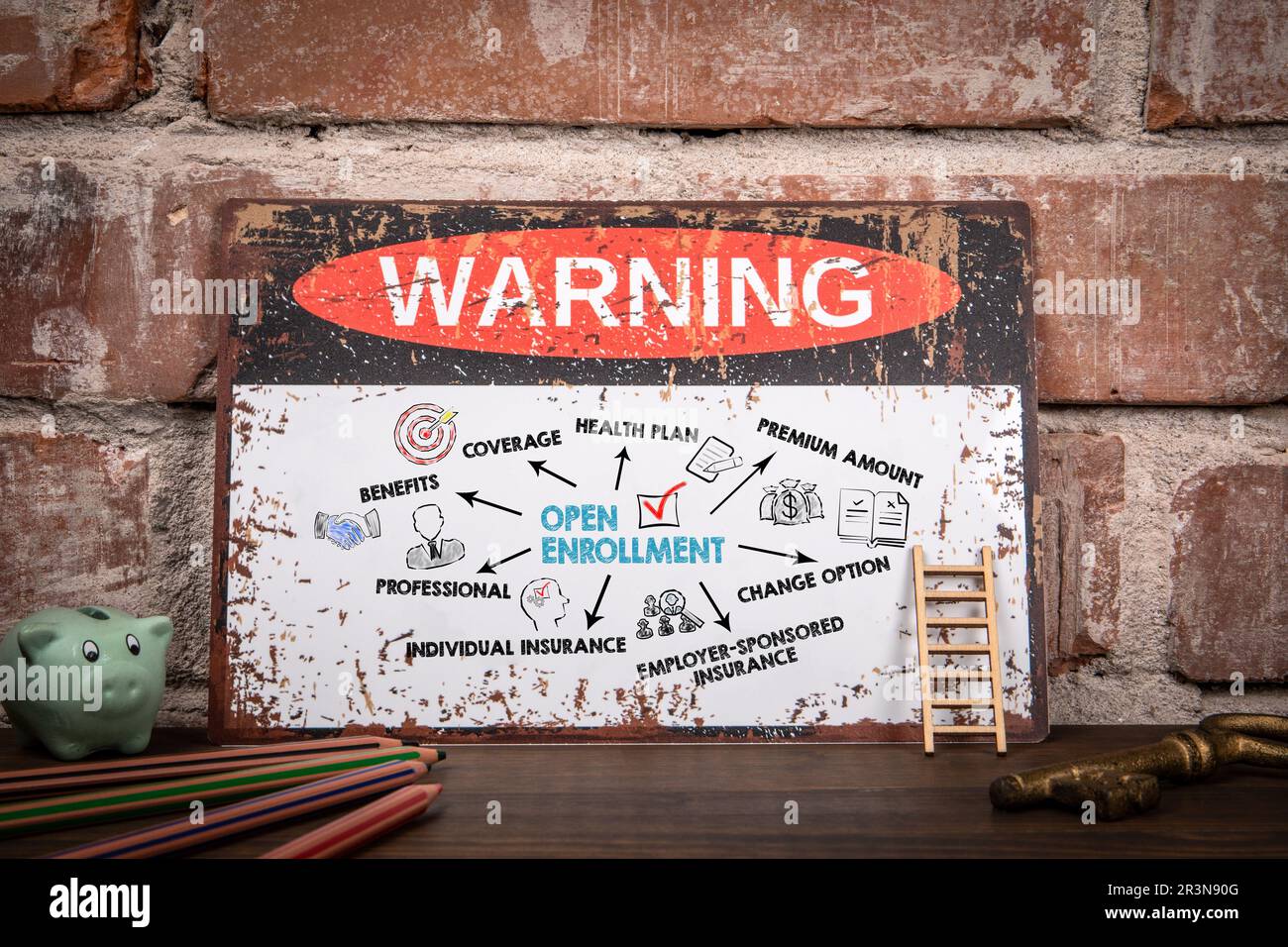 Open Enrollment Concept. Warning sign with chart on wooden table Stock ...