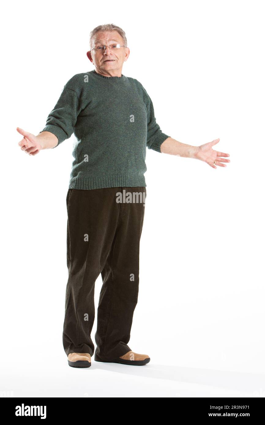 Senior Citizens: Mock Disbelief. A senior man with a shrug and a ...