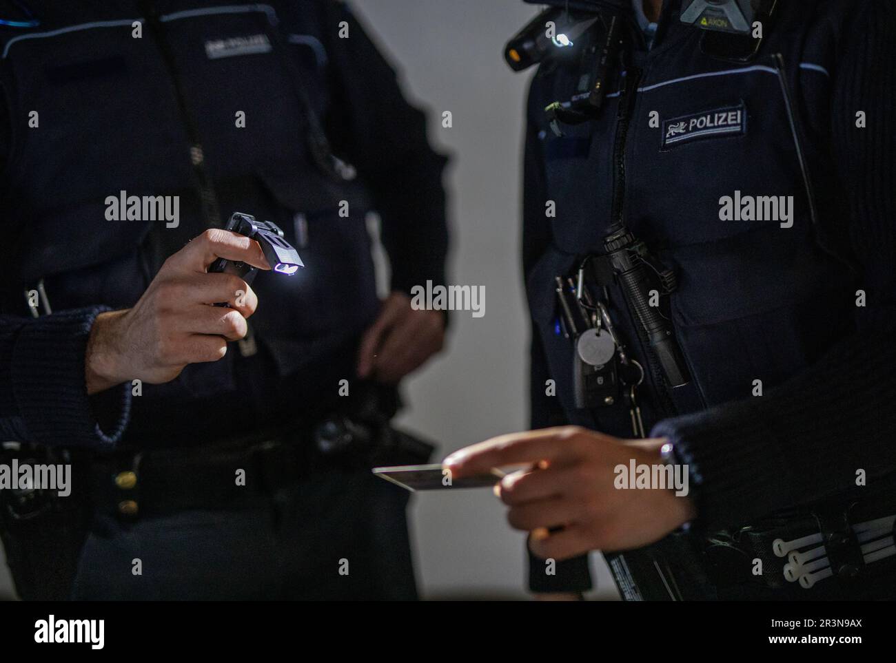Stuttgart, Germany. 24th May, 2023. Two police officers use their new ...