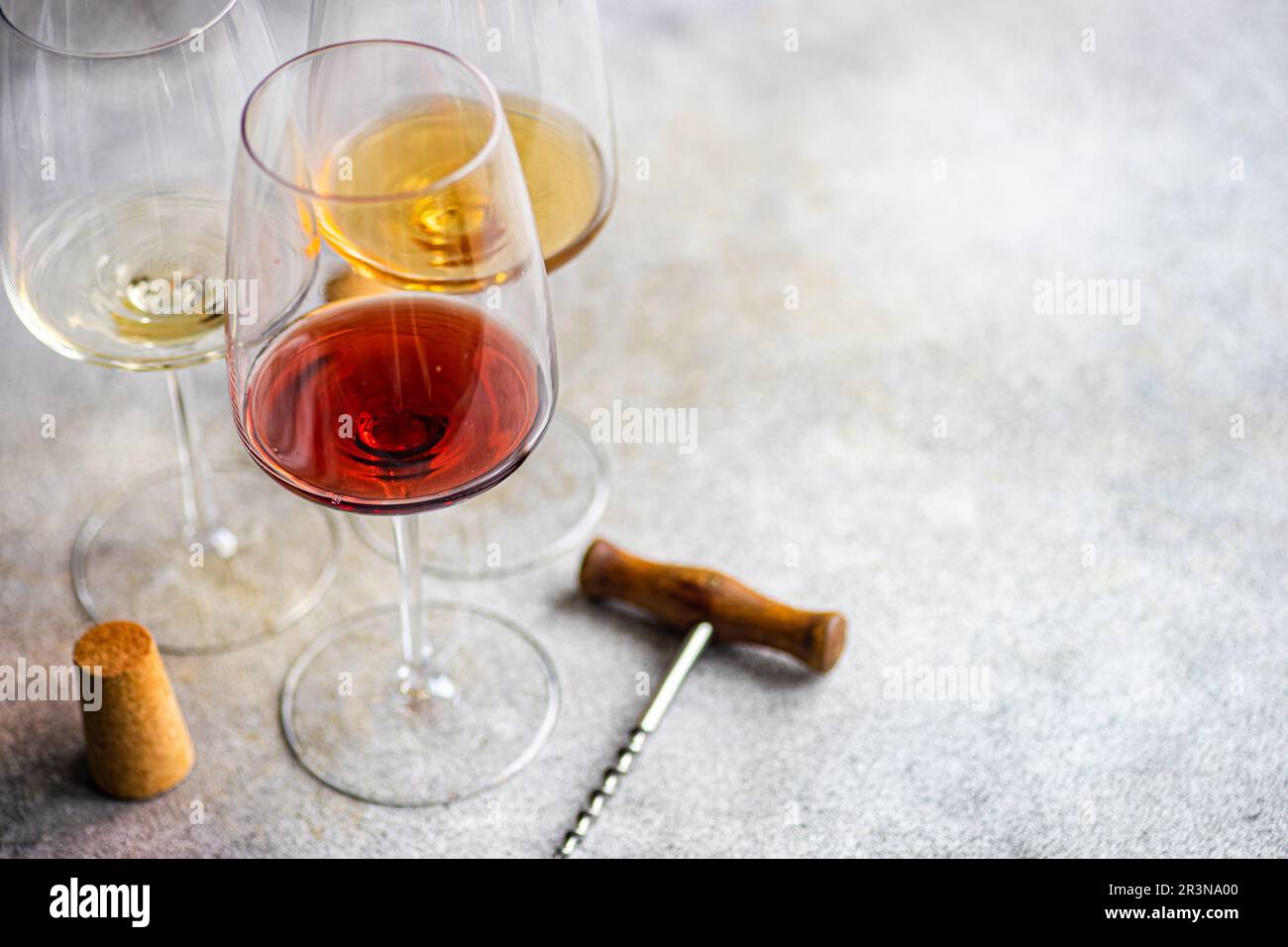 High angle of three main varieties of Georgian dry wines - white, red ...