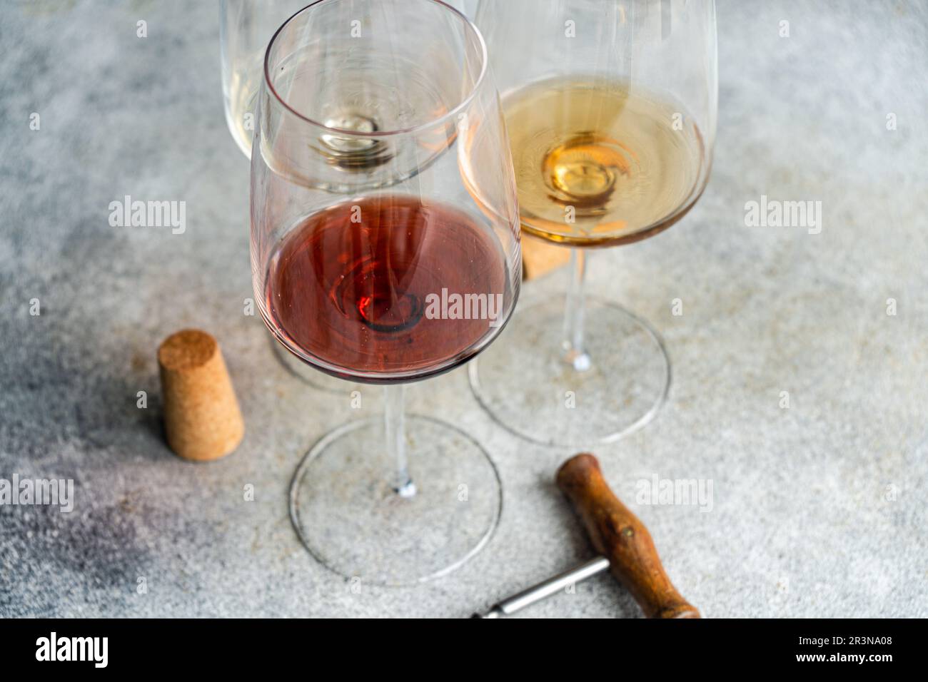 High angle of three main varieties of Georgian dry wines - white, red ...