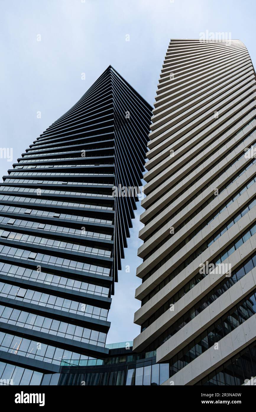 From below of famous twin towers in Vake, downtown of Tbilisi city in ...