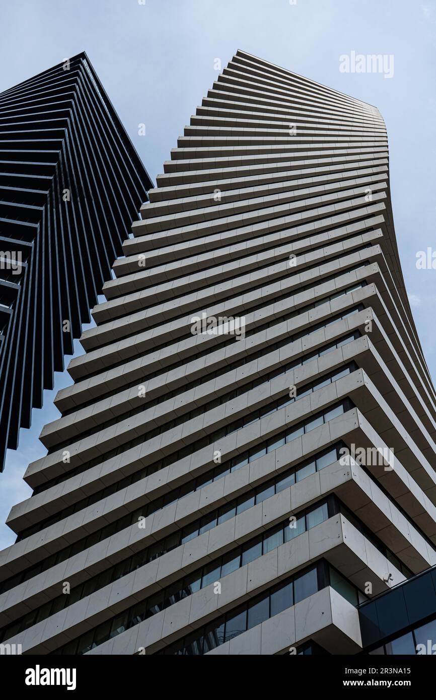 From below of famous twin towers in Vake, downtown of Tbilisi city in ...