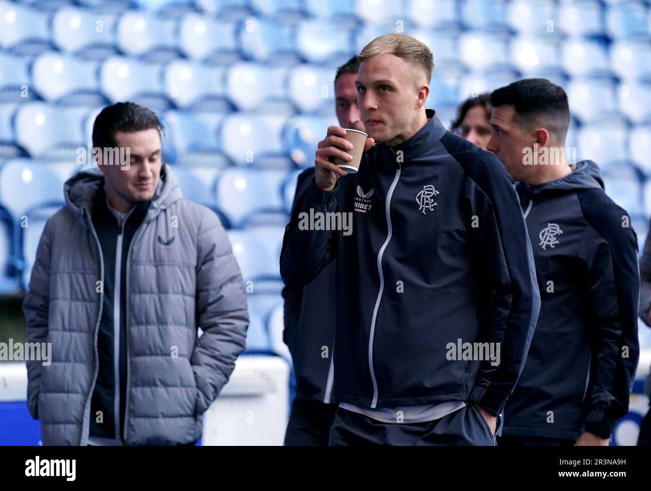 Rangers goalkeeper Robby McCrorie (centre) arriving ahead of the cinch ...