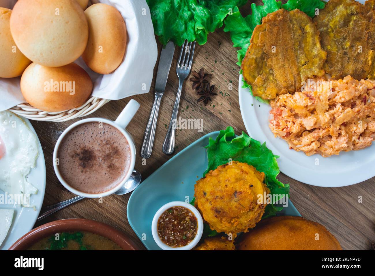 Top view of set of appetizing Colombian dishes with papas rellenas pan ...