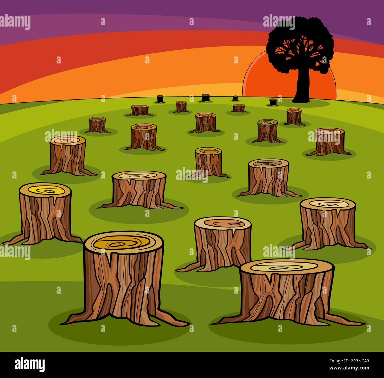 Cartoon illustration of cut forest and last tree Stock Photo - Alamy