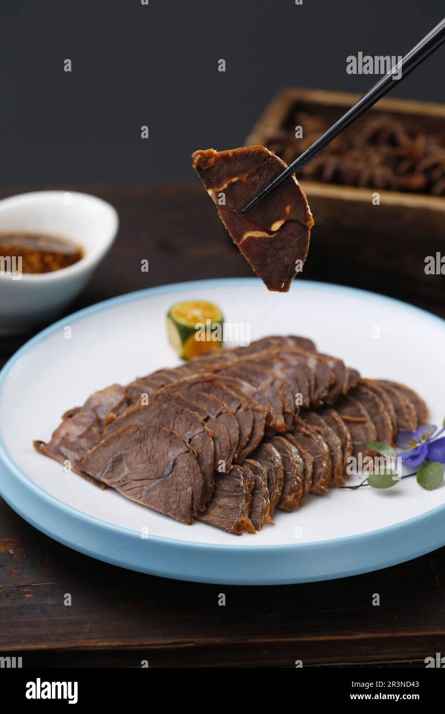 Sliced beef with tendon close up. Spiced beef,braised beef shank ...