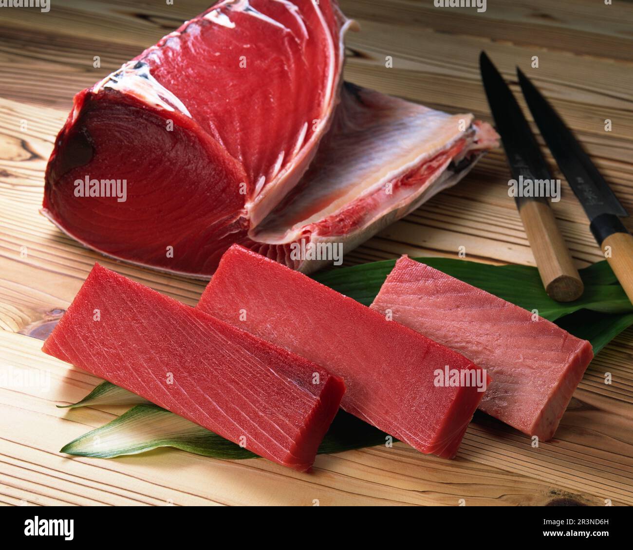 Tuna being cut for sushi Tuna fillet being sliced with surgical ...
