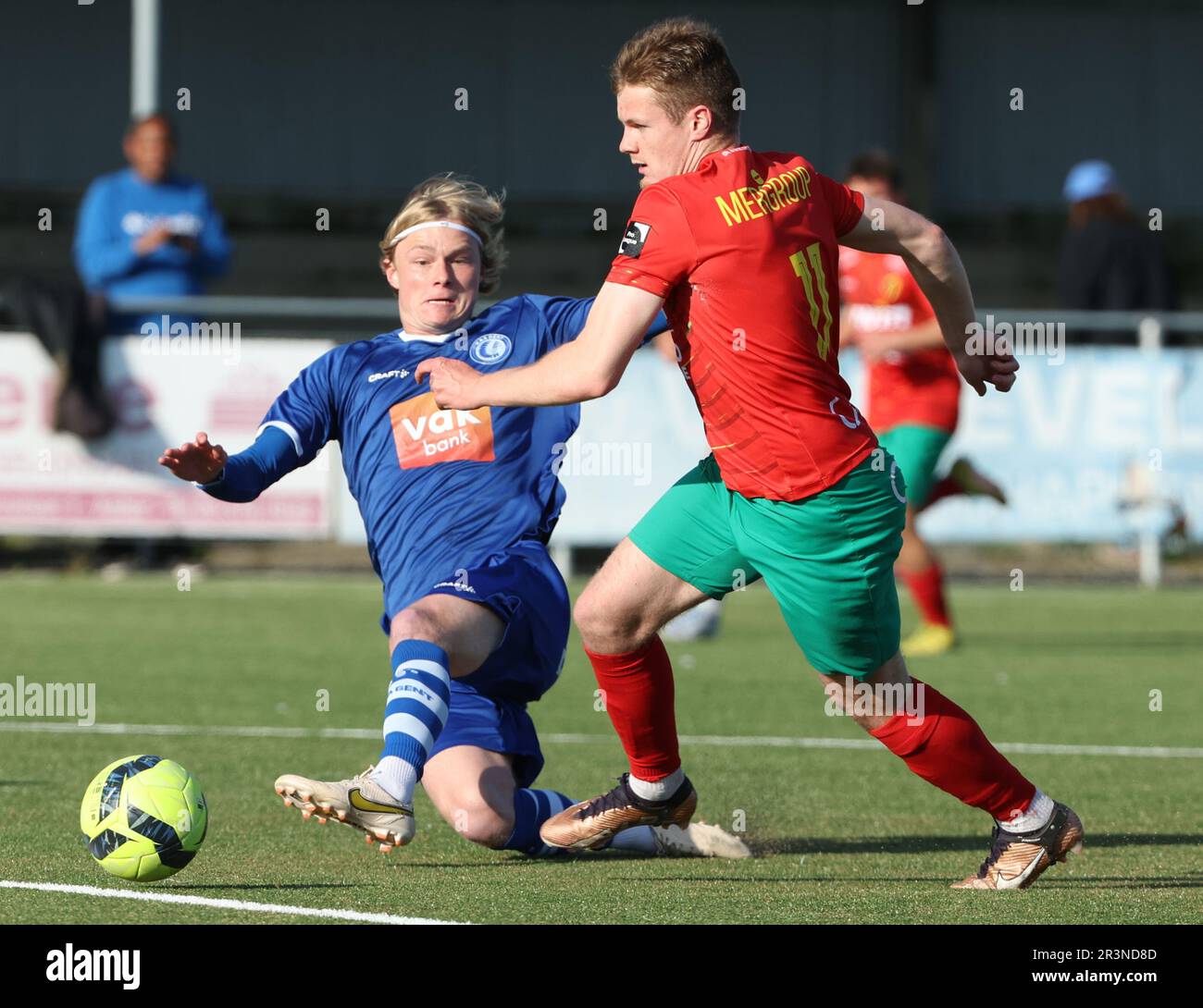 Aalter, Belgium. 24th May, 2023. Gent's Noah De Ridder and Oostende's ...