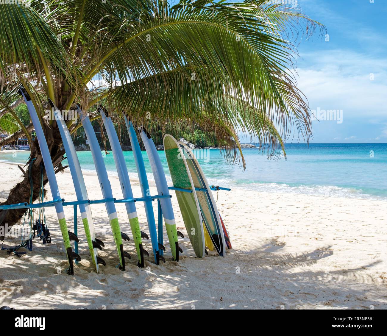 Surf boards in a row on the beach,Kata Beach Phuket Thailand Stock ...