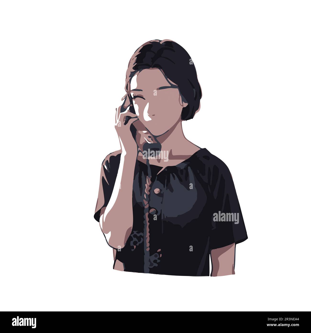 line art woman using retro telephone illustration vector hand drawn ...