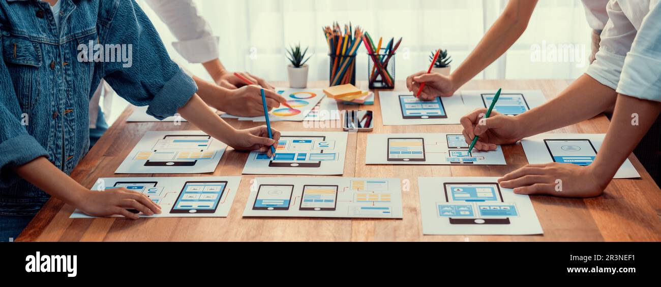 Panorama shot of front-end developer team brainstorming UI and UX ...