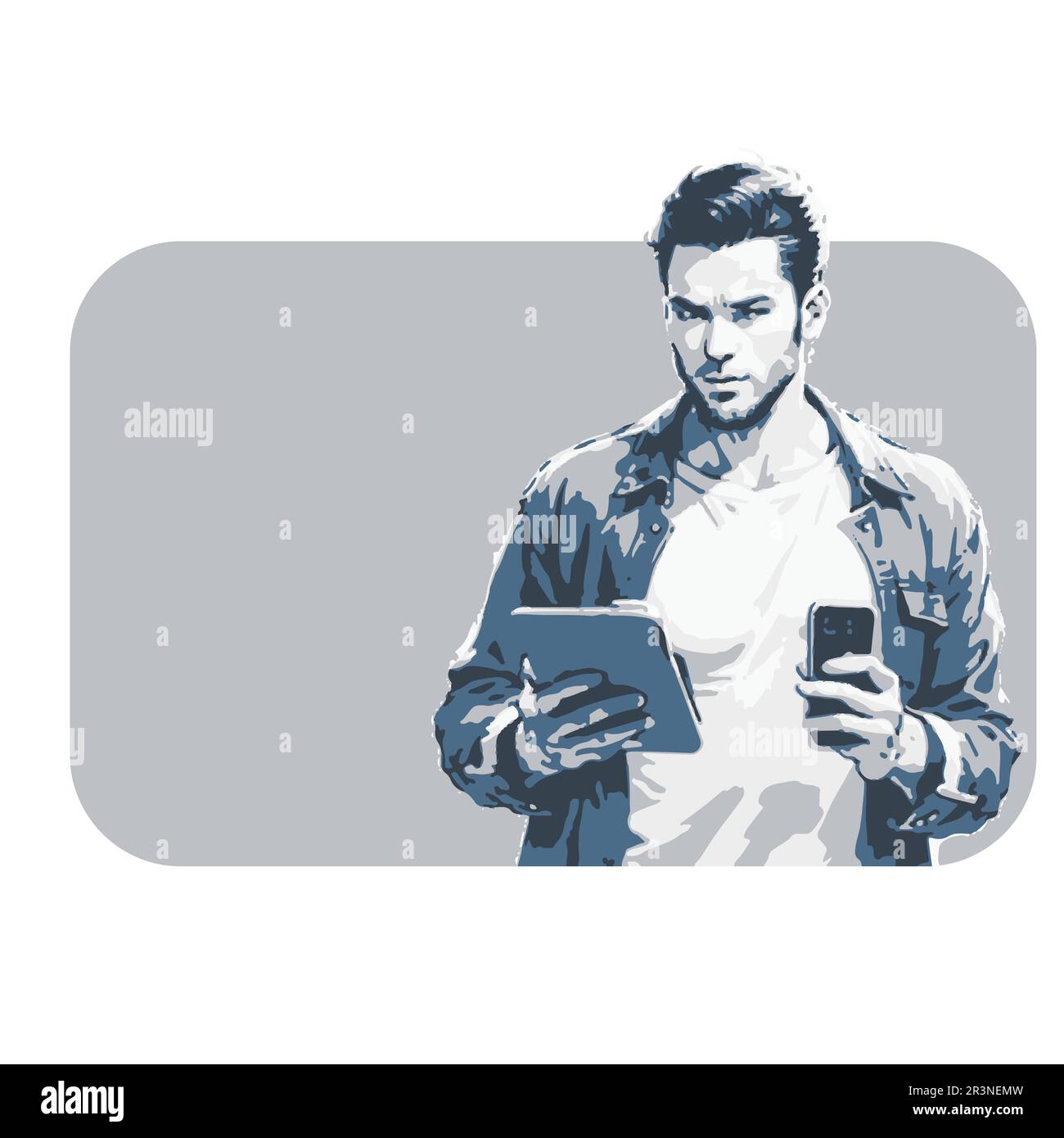 line art man using smartphone and tablet illustration vector hand drawn ...