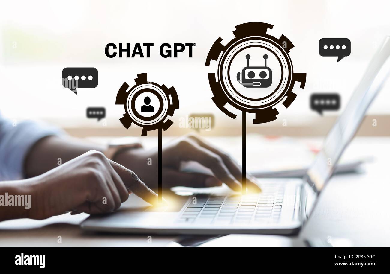 Lady hands typing on laptop keyboard, using chat gpt, collage Stock ...