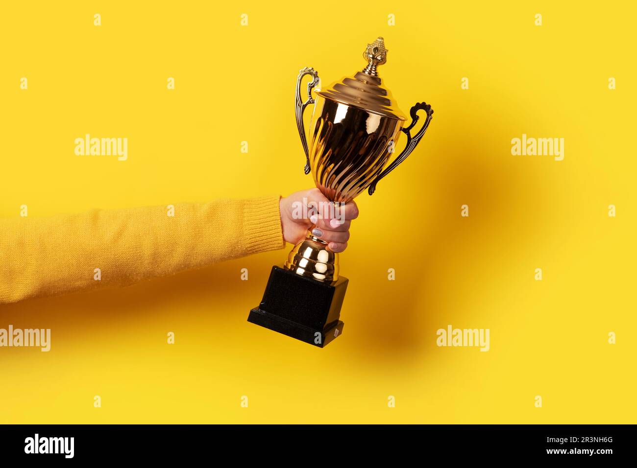 Hand holding golden trophy Stock Photo - Alamy