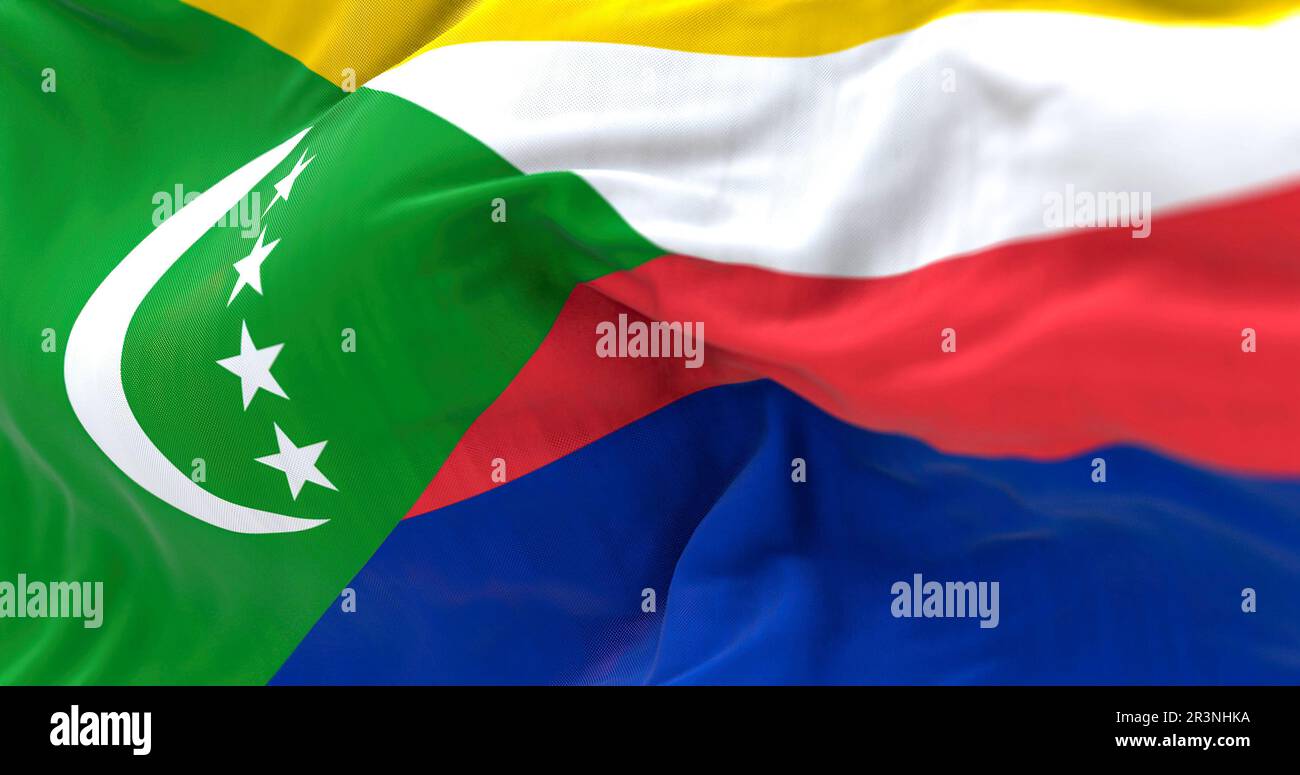 Close-up view of the Comoros national flag waving in the wind Stock ...