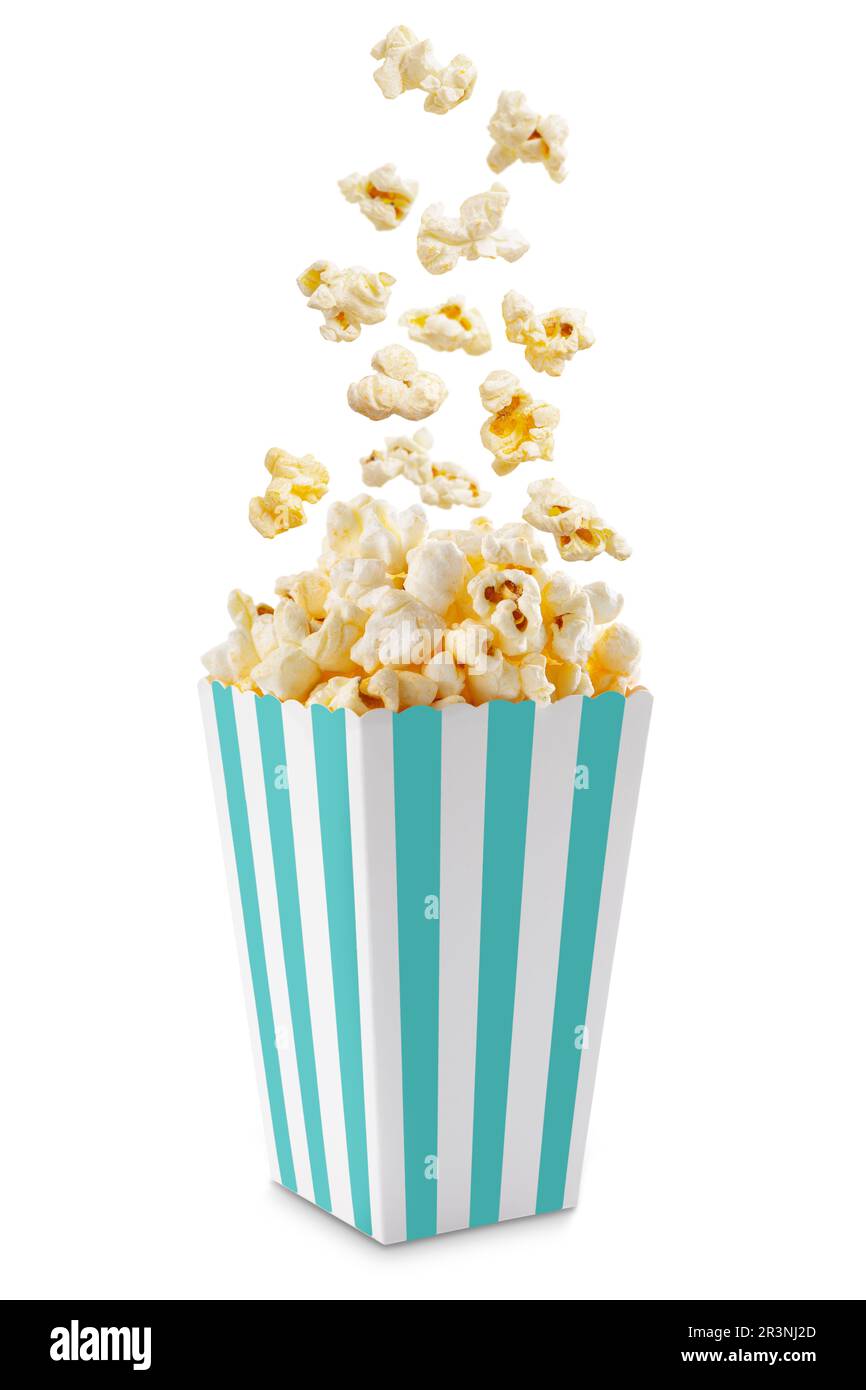 Popcorn flying out of turquoise white striped paper box isolated on ...