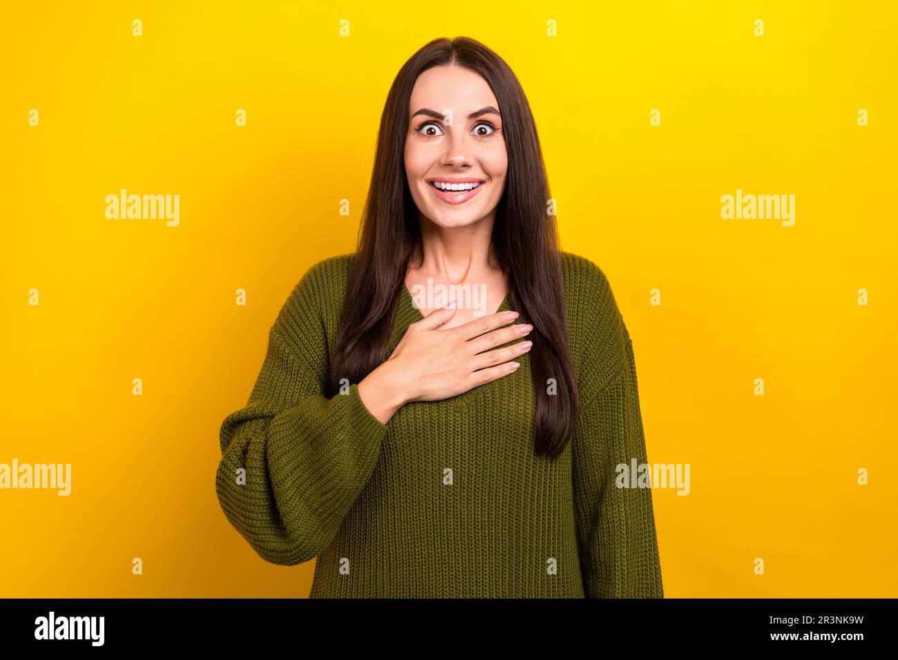 Portrait of cheerful impressed person hand touch chest beaming smile ...