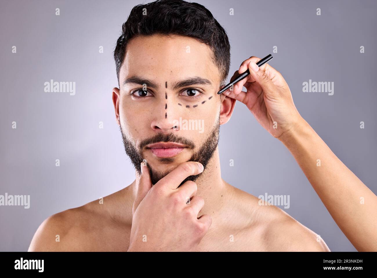 Face, man and plastic surgery marker for cosmetics in studio isolated ...