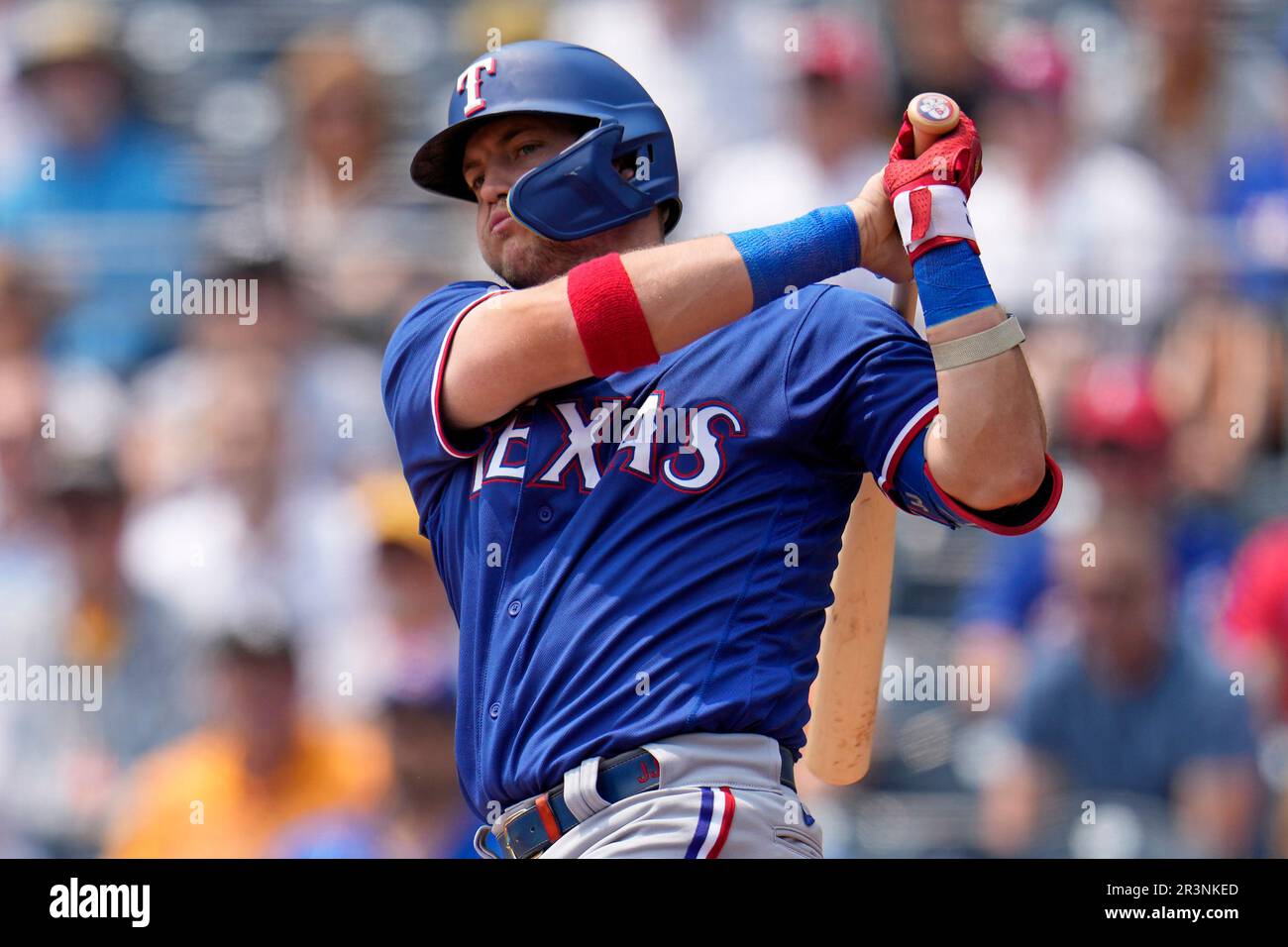 Texas Rangers' Josh Jung follows through with a two-run double off ...