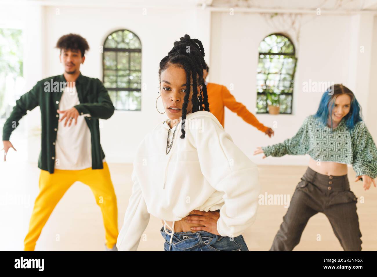 Image of diverse female and male hip hop dancers during training in ...