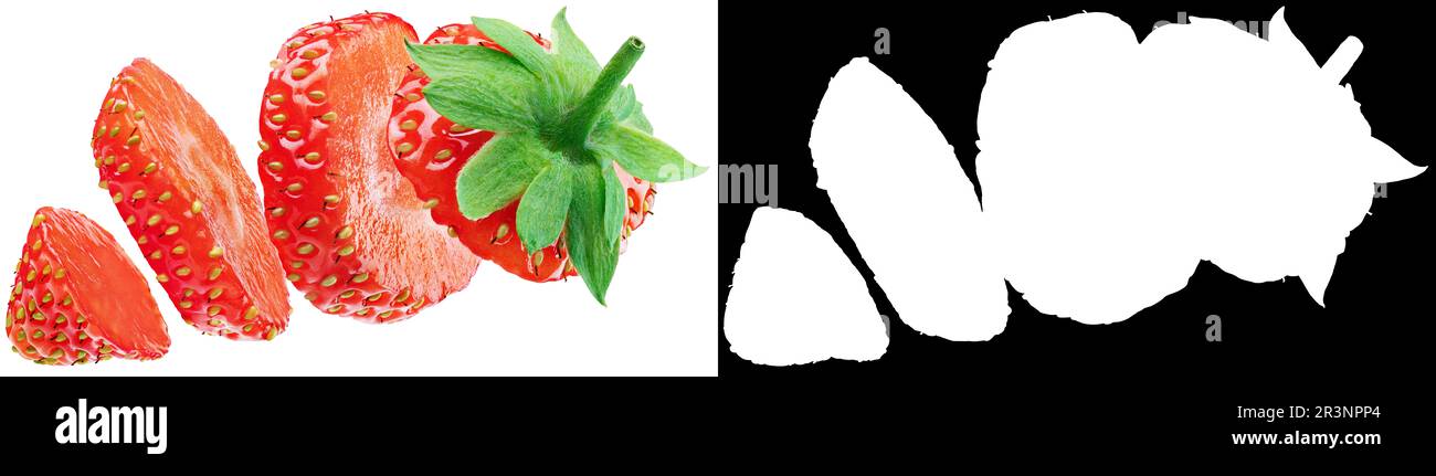 Sliced strawberry flying in the air isolated on white background with ...