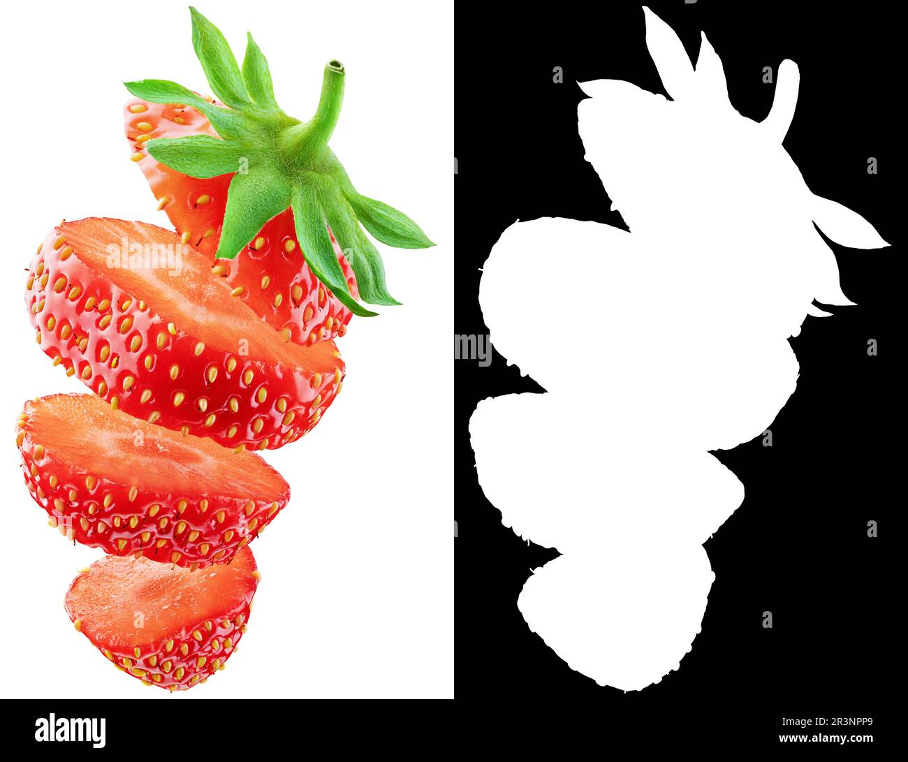 Sliced strawberry flying in the air isolated on white background with ...