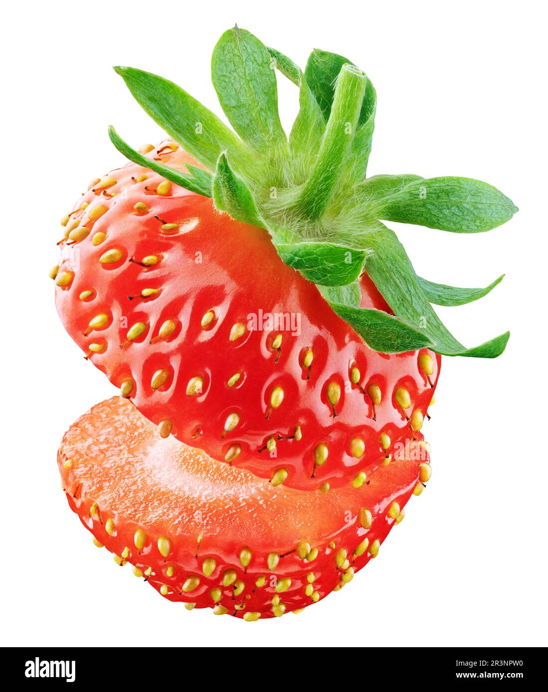 Halved strawberry flying in the air isolated on white background with ...