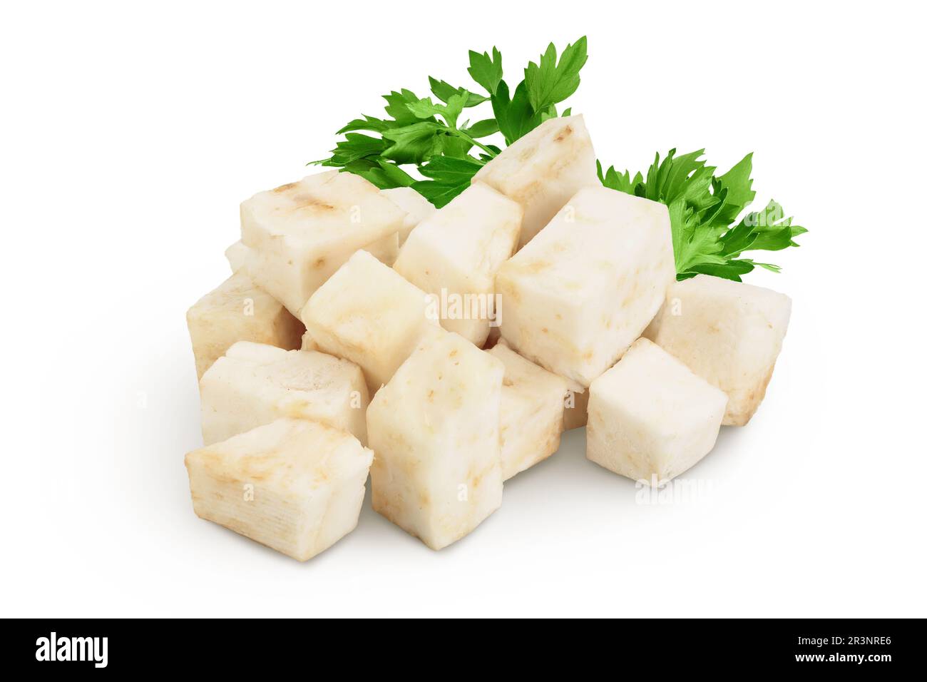 diced celery root isolated on white background Stock Photo - Alamy