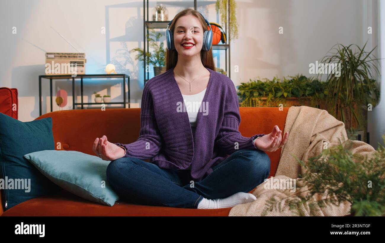 Keep calm down, relax, inner balance. Portrait of woman breathes deeply ...