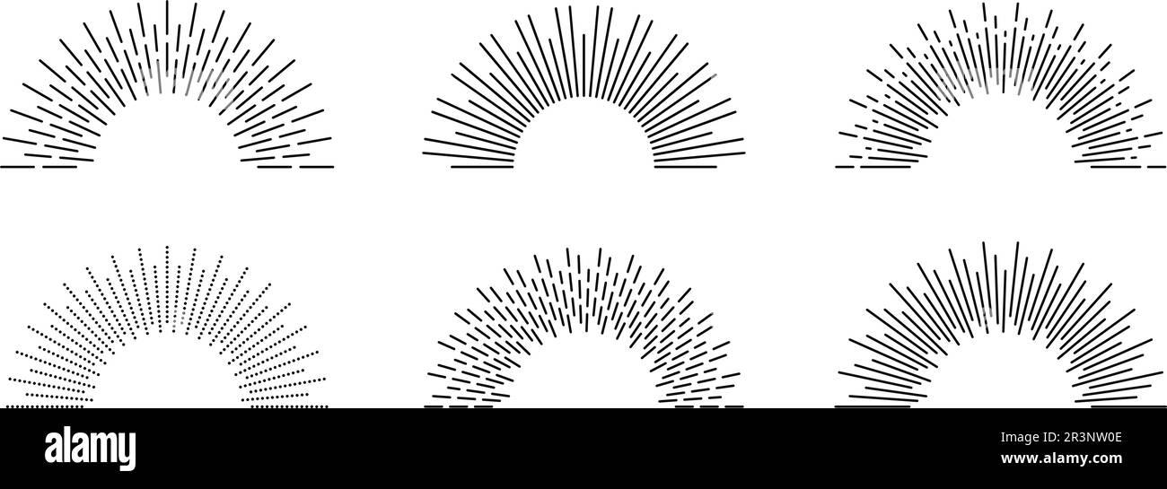 Half circle sunburst frame set. Outline sunrise and sunshine rays ...