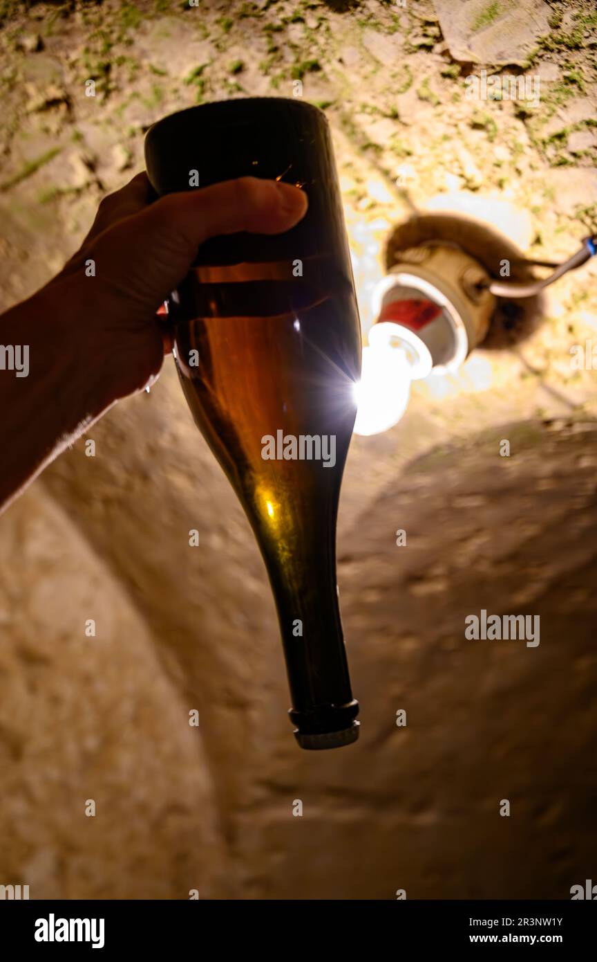 Checking of sediment in undergrounds caves with bottles on wooden racks ...