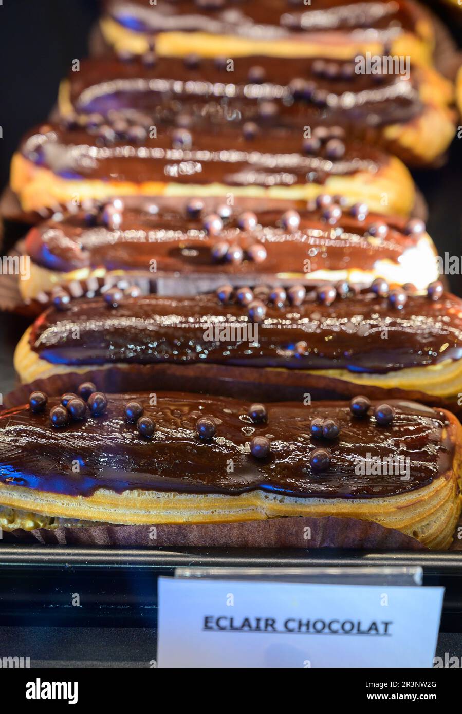 Assortment of french fresh baked sweet pastry with chocolate in ...