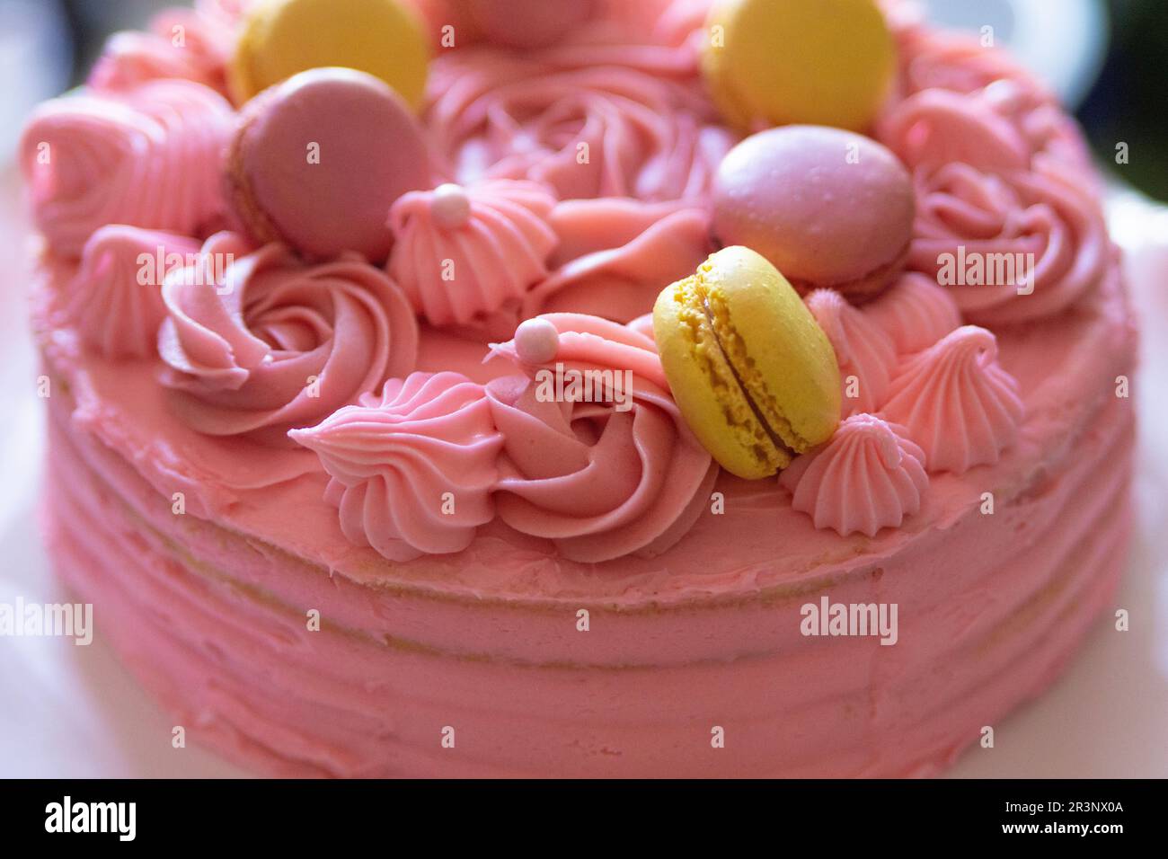 Pink raspberry cake with macarons Stock Photo - Alamy