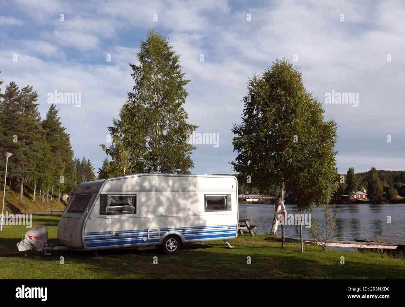 GRANÖ, SWEDEN ON AUGUST 29, 2015. View of a caravan, river, buildings ...