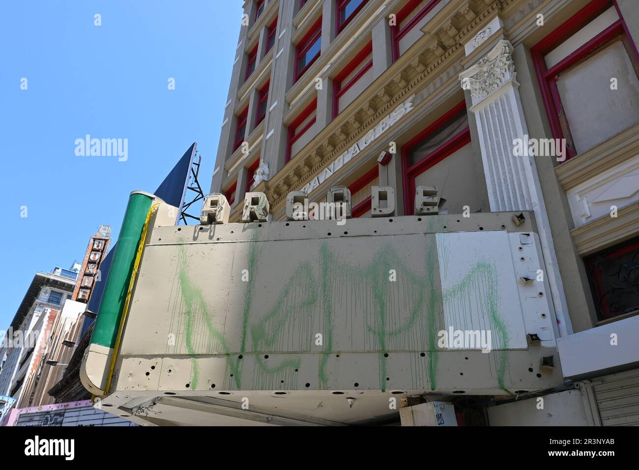 LOS ANGELES, CALIFORNIA - 17 MAY 2023: Closeup of the old Arcade ...